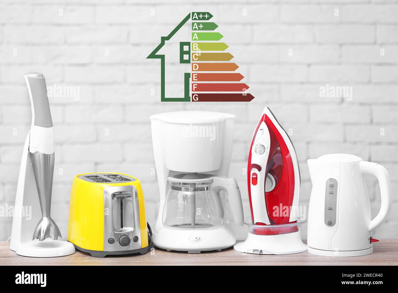 Energy efficiency rating label and kitchen appliances on wooden table ...