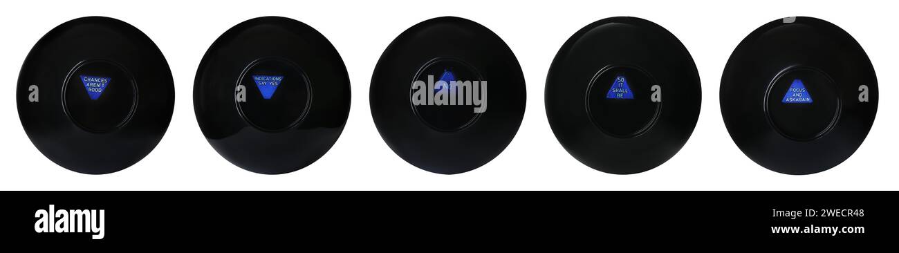 Magic eight ball with different predictions isolated on white ...