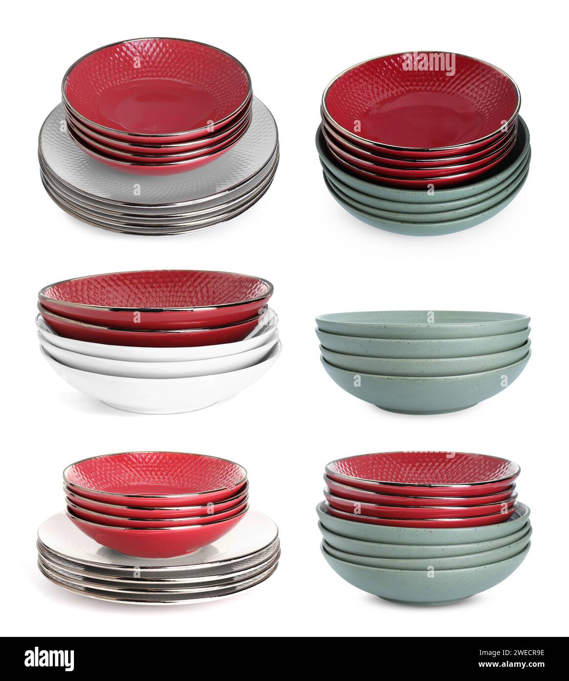 Stacks of ceramic plates and bowls isolated on white, set Stock Photo ...