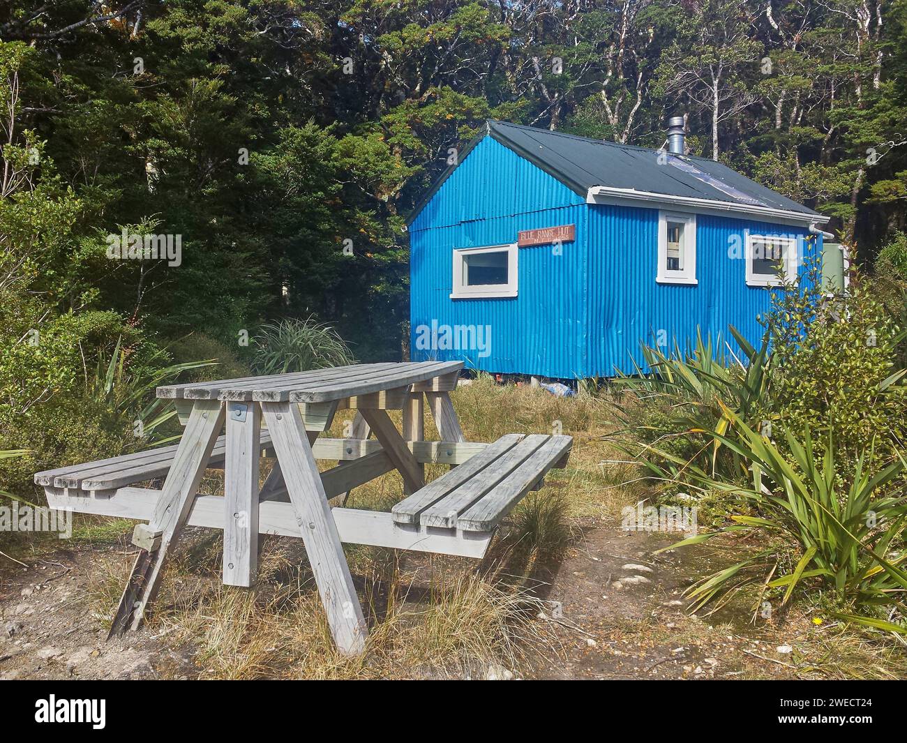 Blue range hut, in Tararua mountains of New Zealand. One of almost one ...