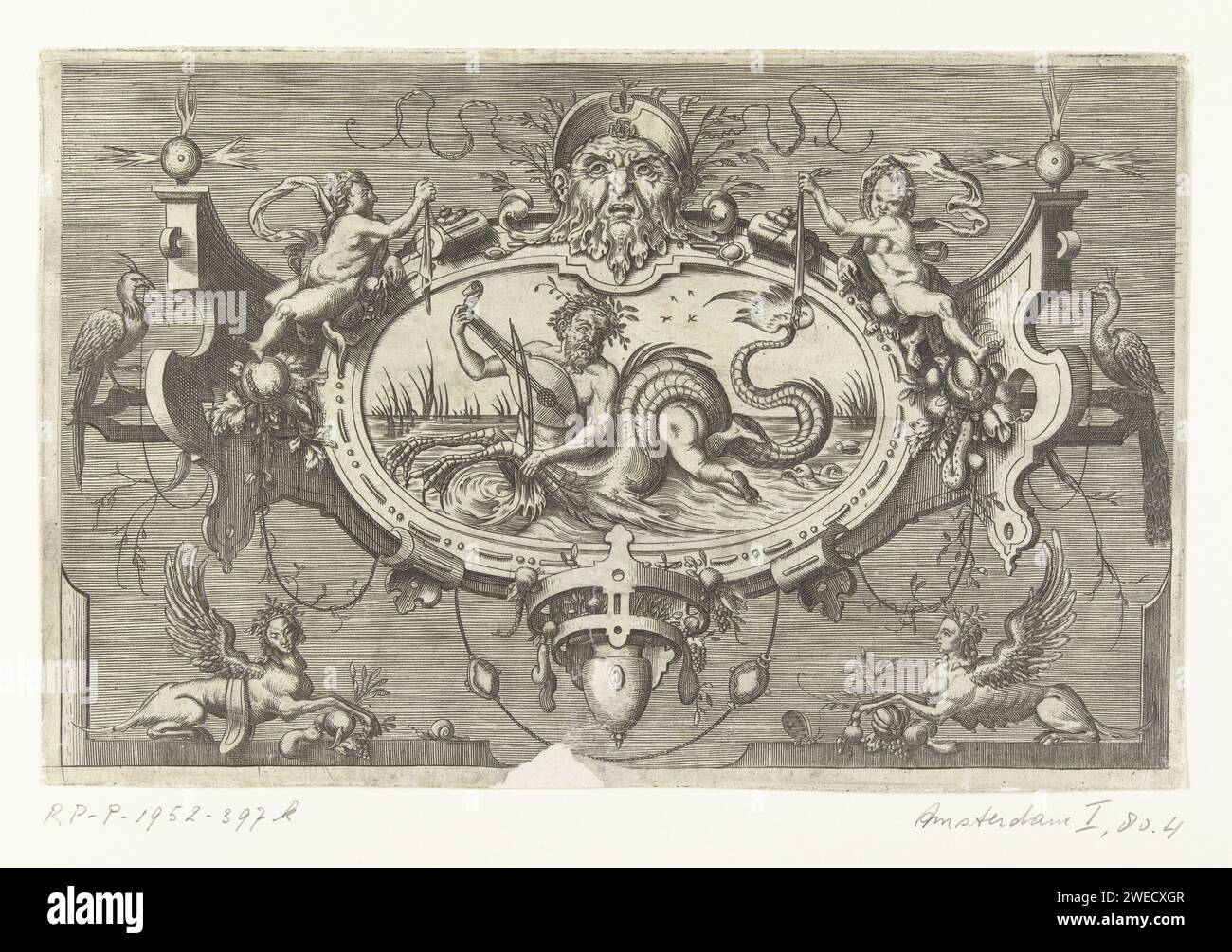 Cartouche with a fedel playing Triton, 1564 print Cartouche with a ...