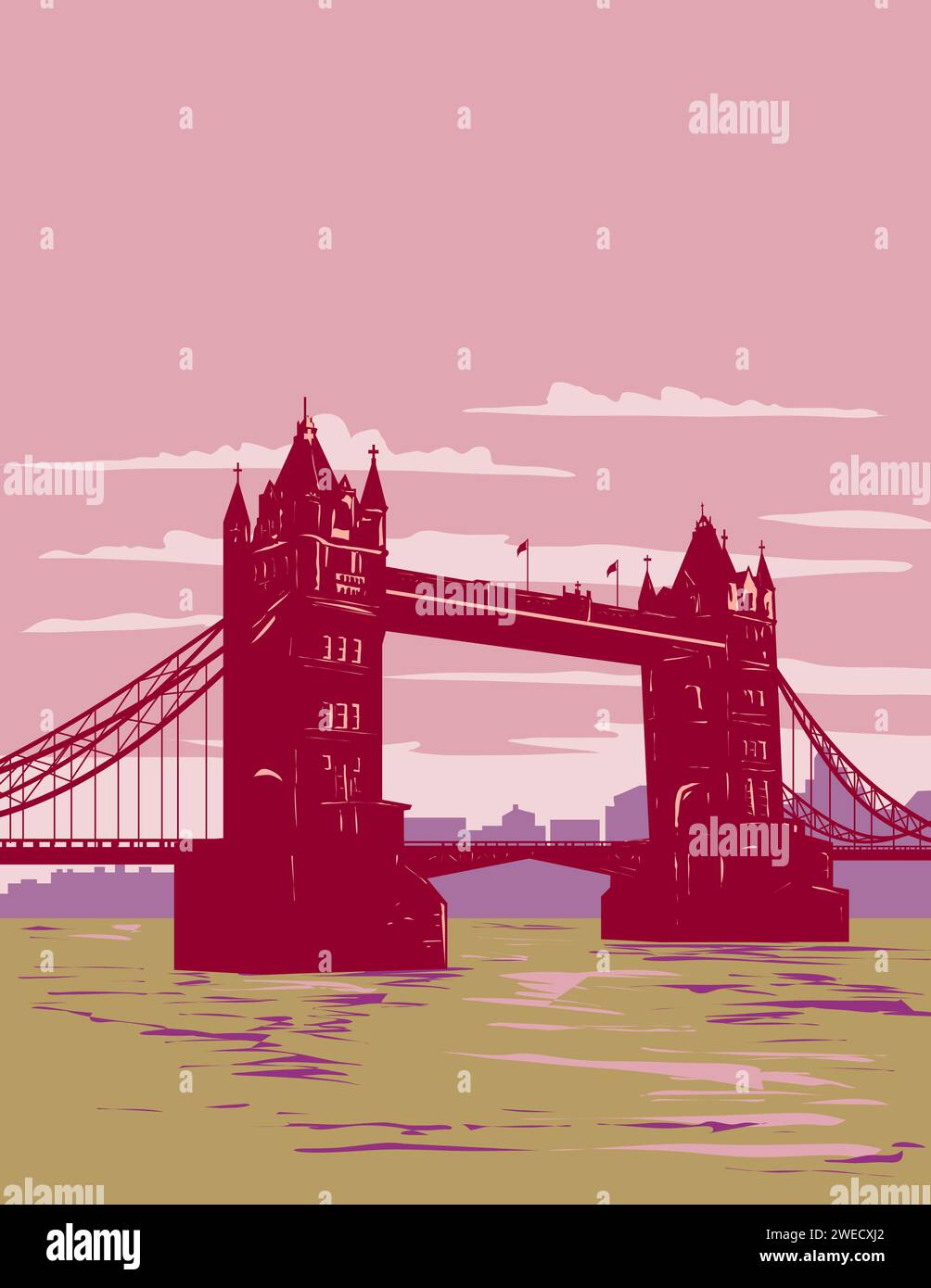 WPA poster art of Tower Bridge from Shad Thames along the south side of ...