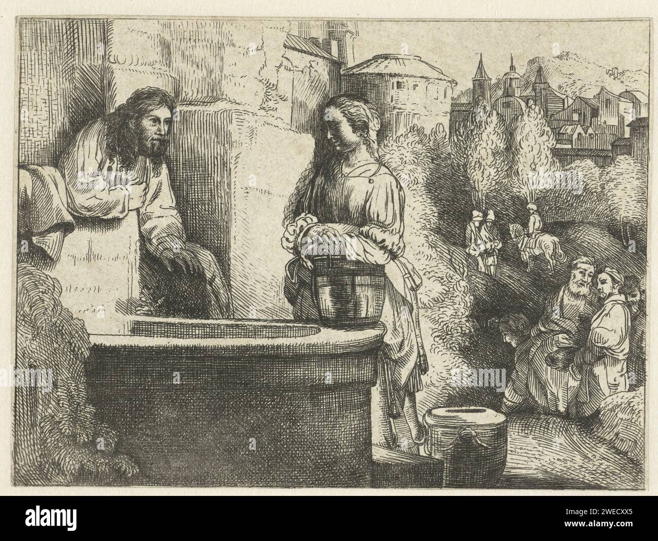 Christ and the woman of Samaria: an arched print, anonymous, after ...