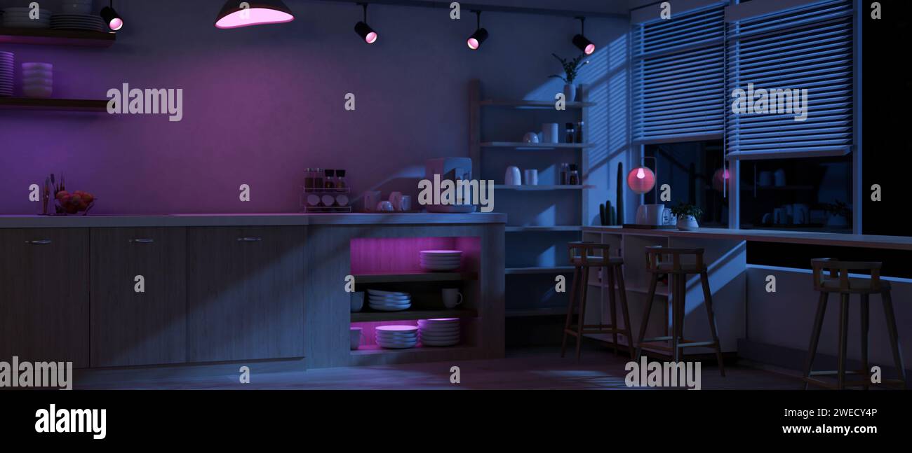 Interior design of a modern spacious dark kitchen at night with RGB ...