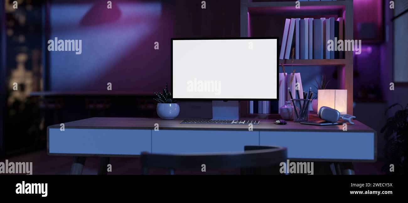 A modern, futuristic home office workspace with a white-screen computer ...