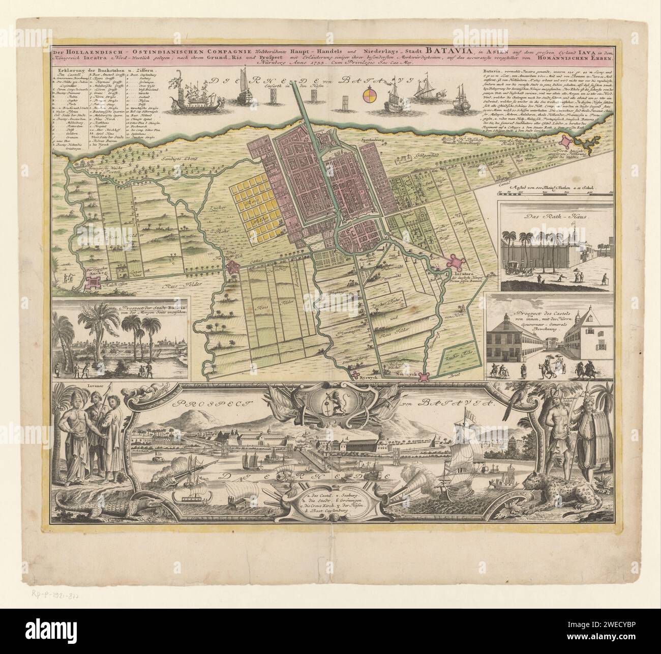 Map of and face on Batavia, Anonymous, 1733 print Above a map of ...