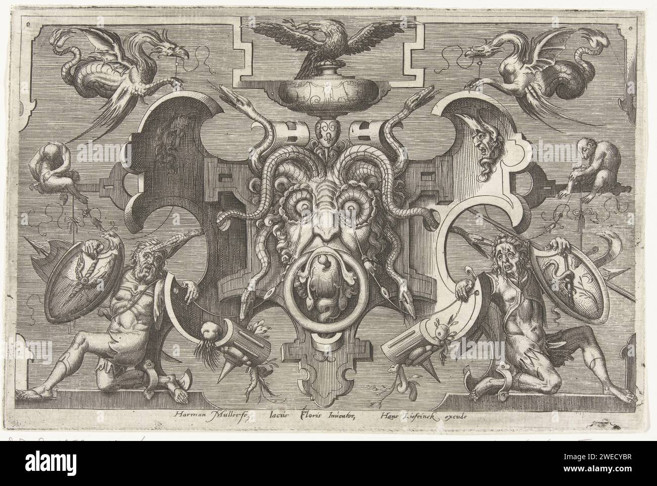Cartouche on which a mascaron is with snakes like Haren, 1564 print ...