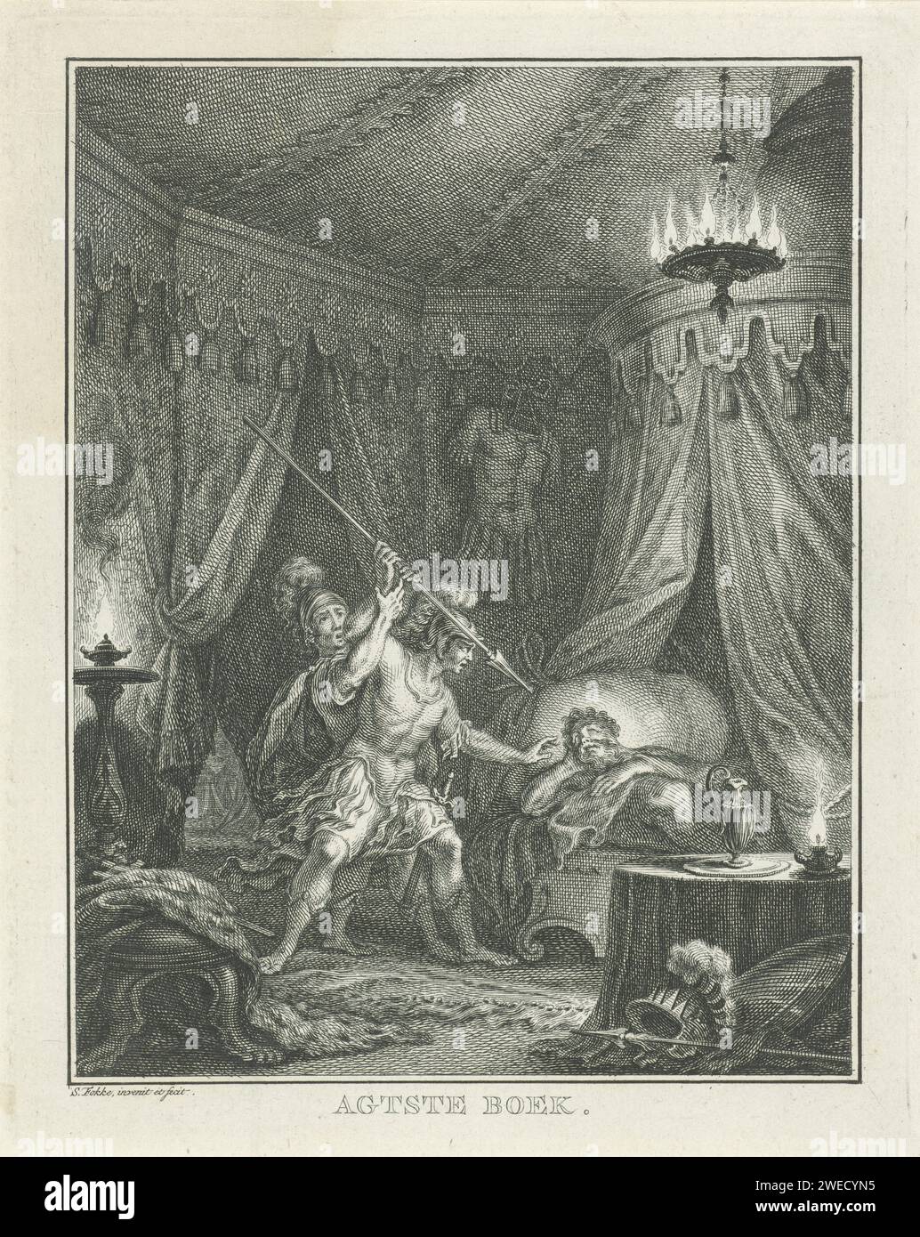 David saves Saul's life on the Chachila, Simon Fokke, 1766 print David ...