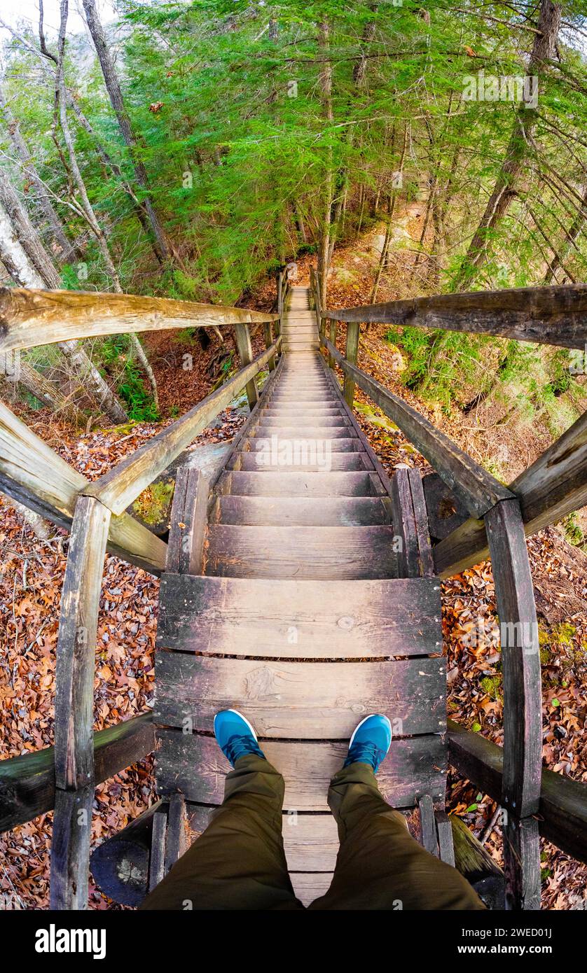 Top View of hiking shoes on stairs at trail in forest start of ...