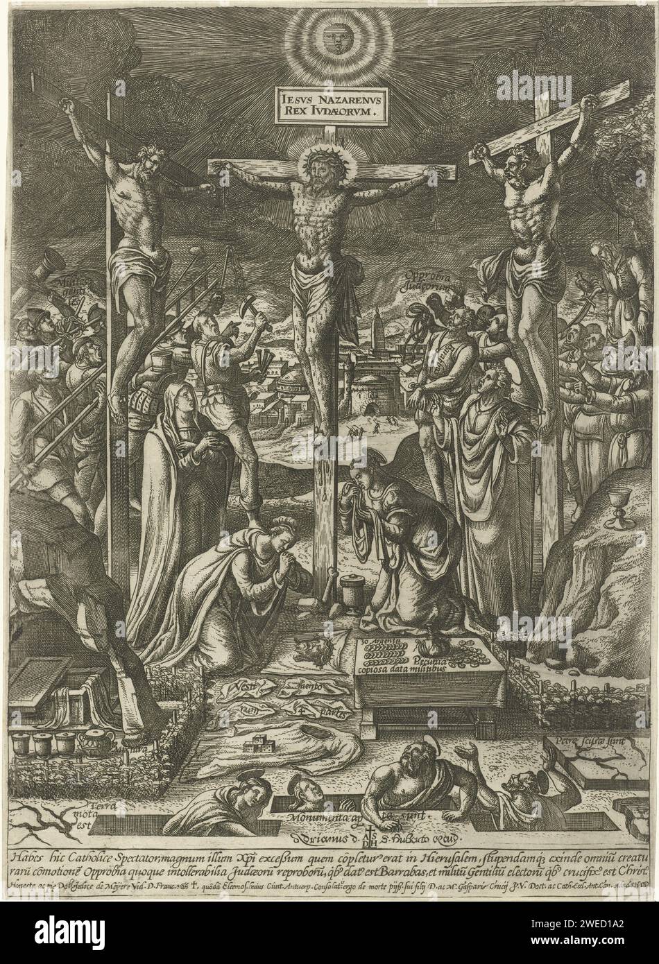 Crucifixion of Christ, Pieter van der Borcht (I), 1573 - 1614 print Christ on the cross between ...