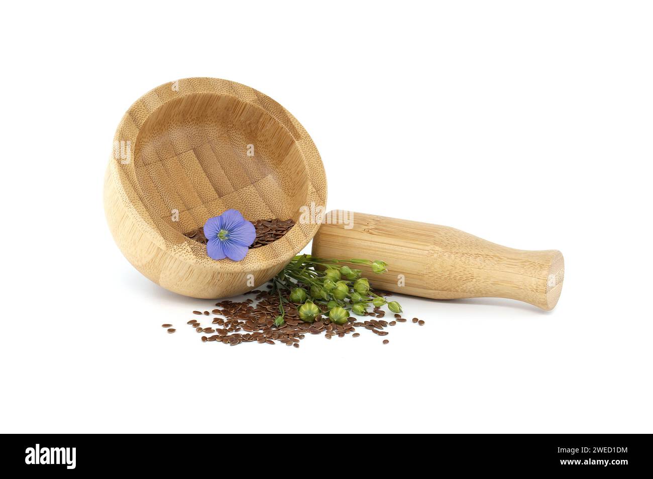 Vibrant blue flax flower is sitting on wooden mortar filled with small ...