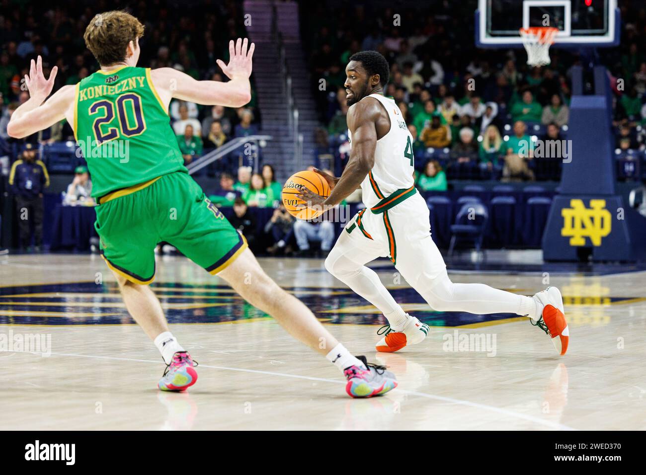 January 24, 2024: Miami guard Bensley Joseph (4) drives to the lane as ...
