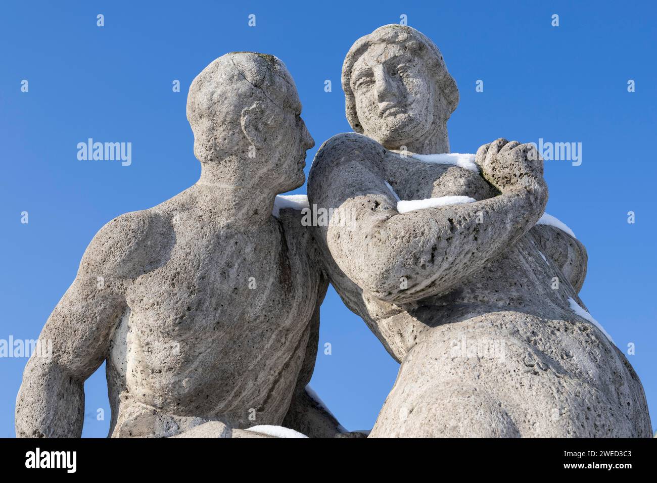 Snow-covered sandstone figures from Greek mythology at the historic ...