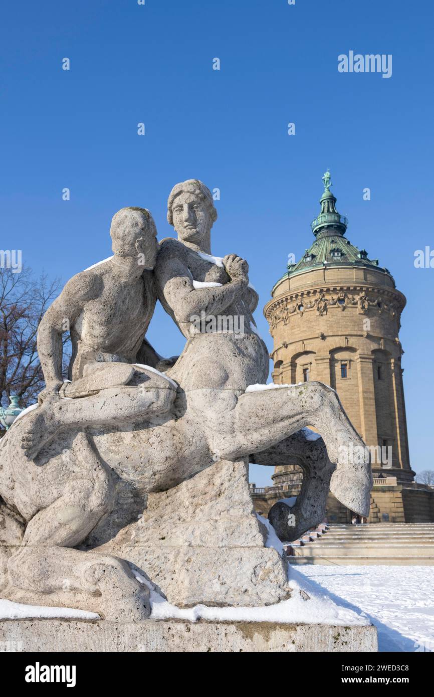 Snow-covered sandstone figures from Greek mythology in front of the ...