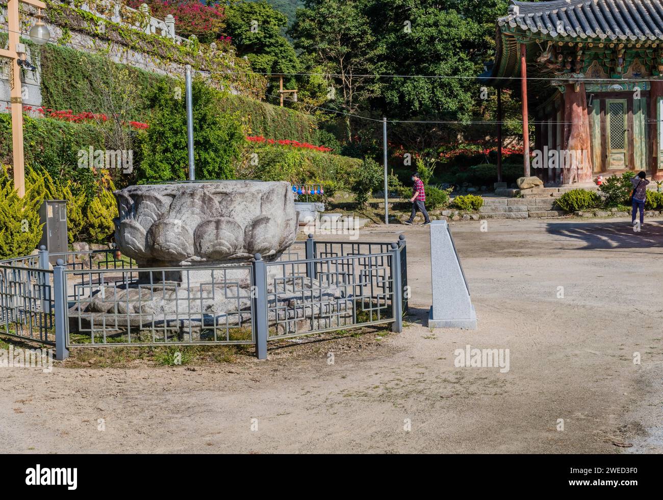 Rock carved lotus flower at Buddhist temple in Gimje-si, South Korea ...