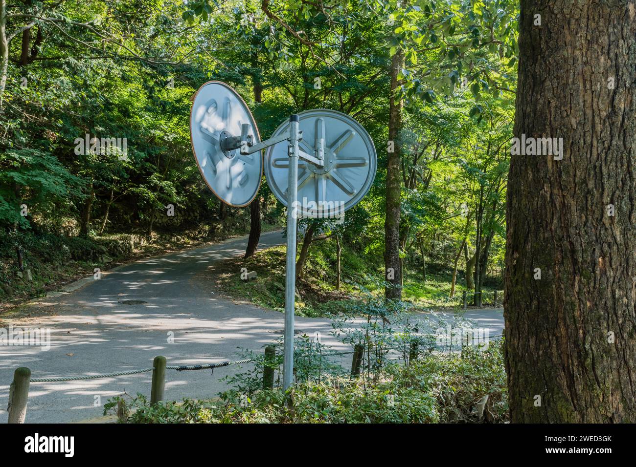 Back side of traffic mirrors at rural three way intersection in Gimje ...