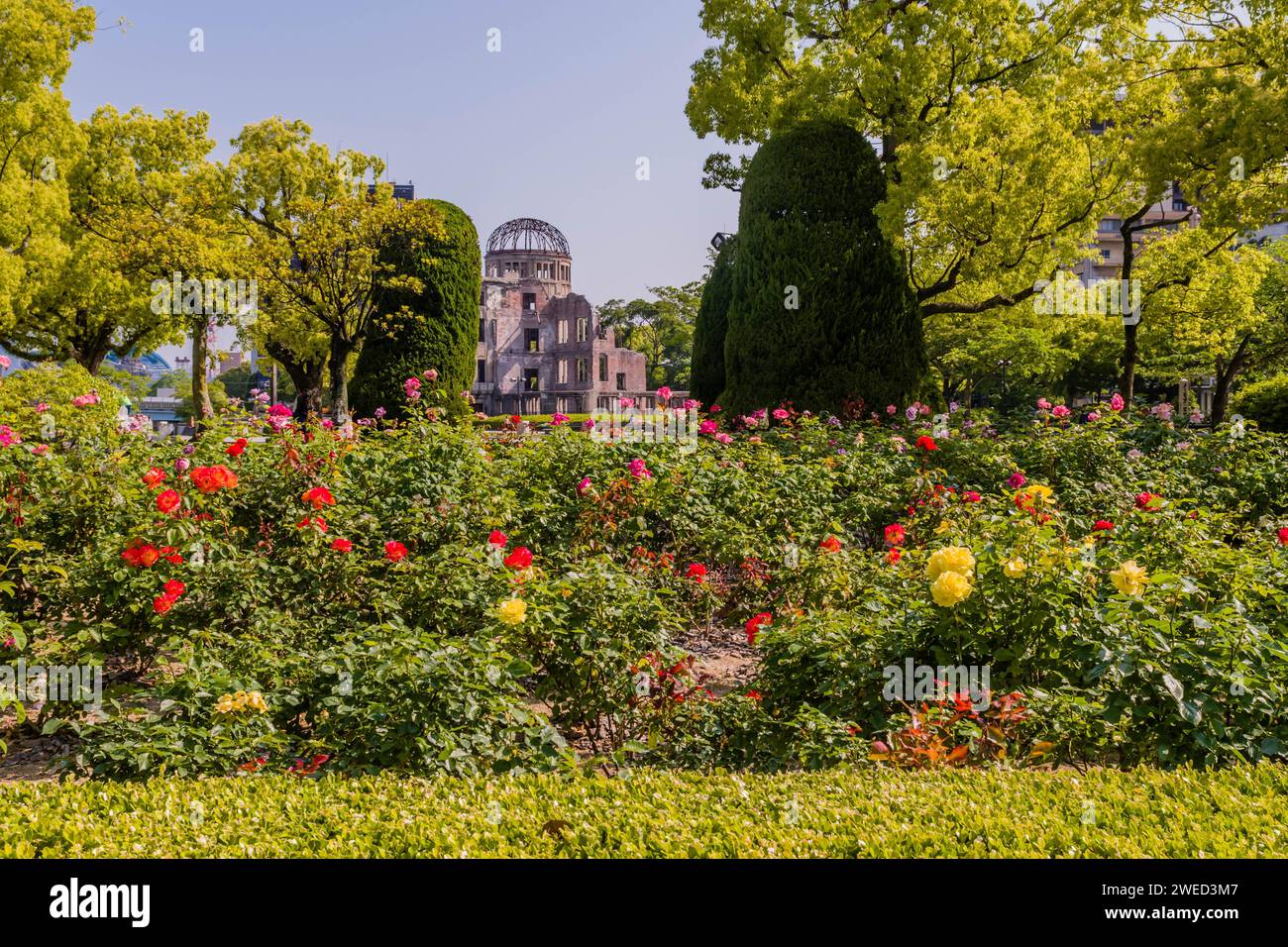 Landscape of flower garden at Peace Memorial Park with A-bomb dome in ...