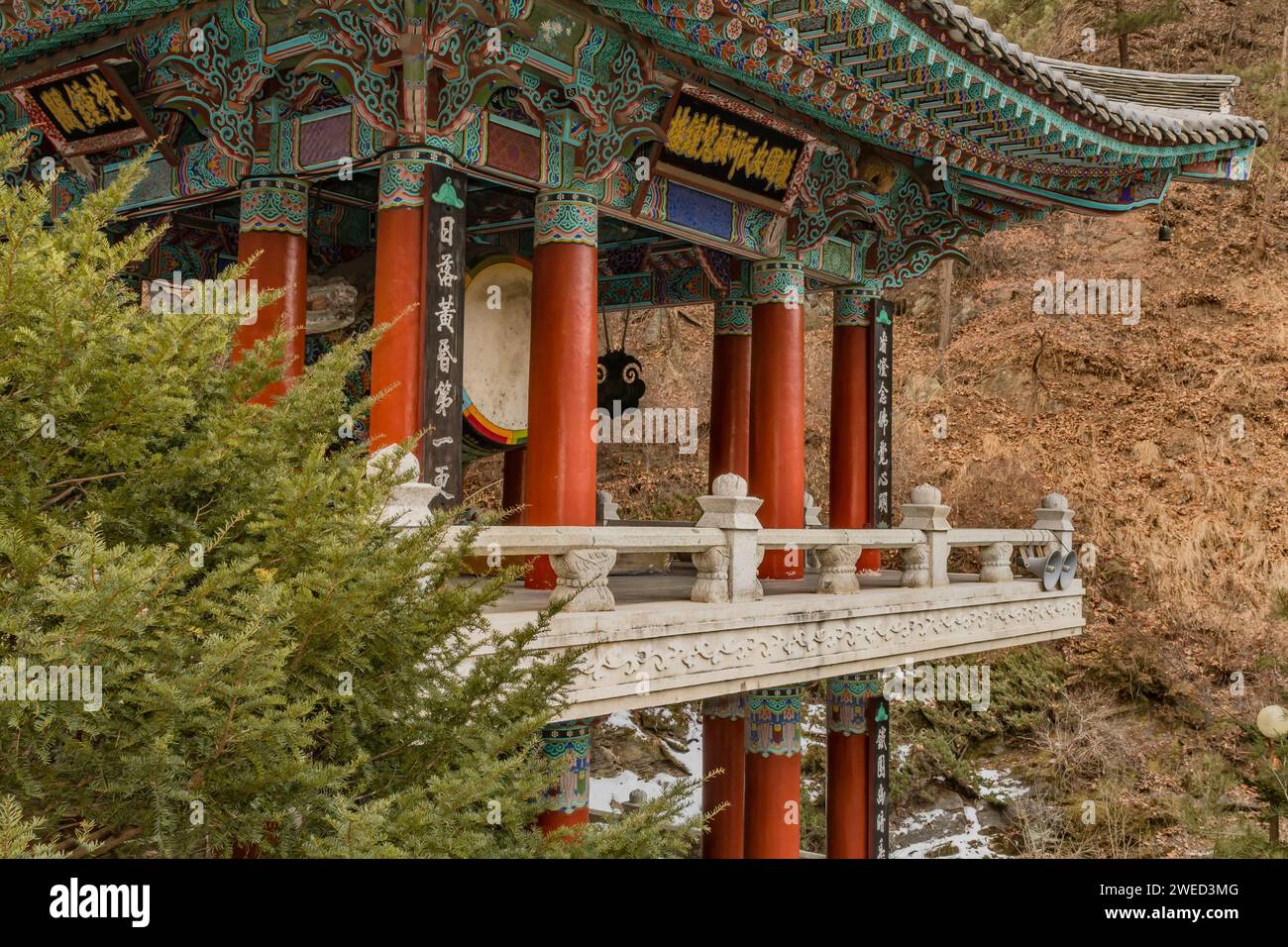 Side view of drum pavilion located at Guinsa temple on cold winter day ...