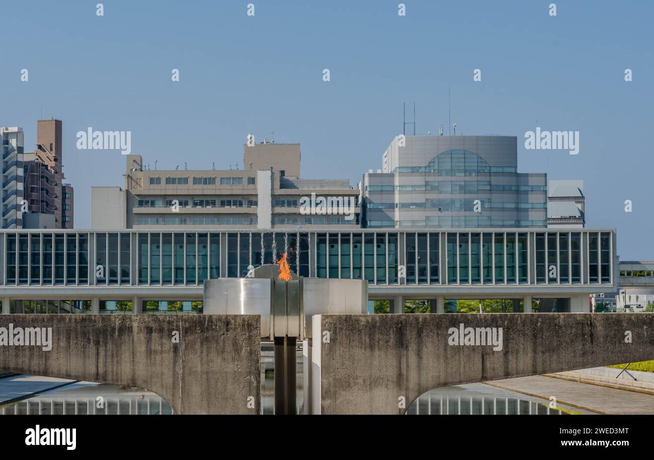 Peace Fire at Memorial Park with city buildings in background in ...