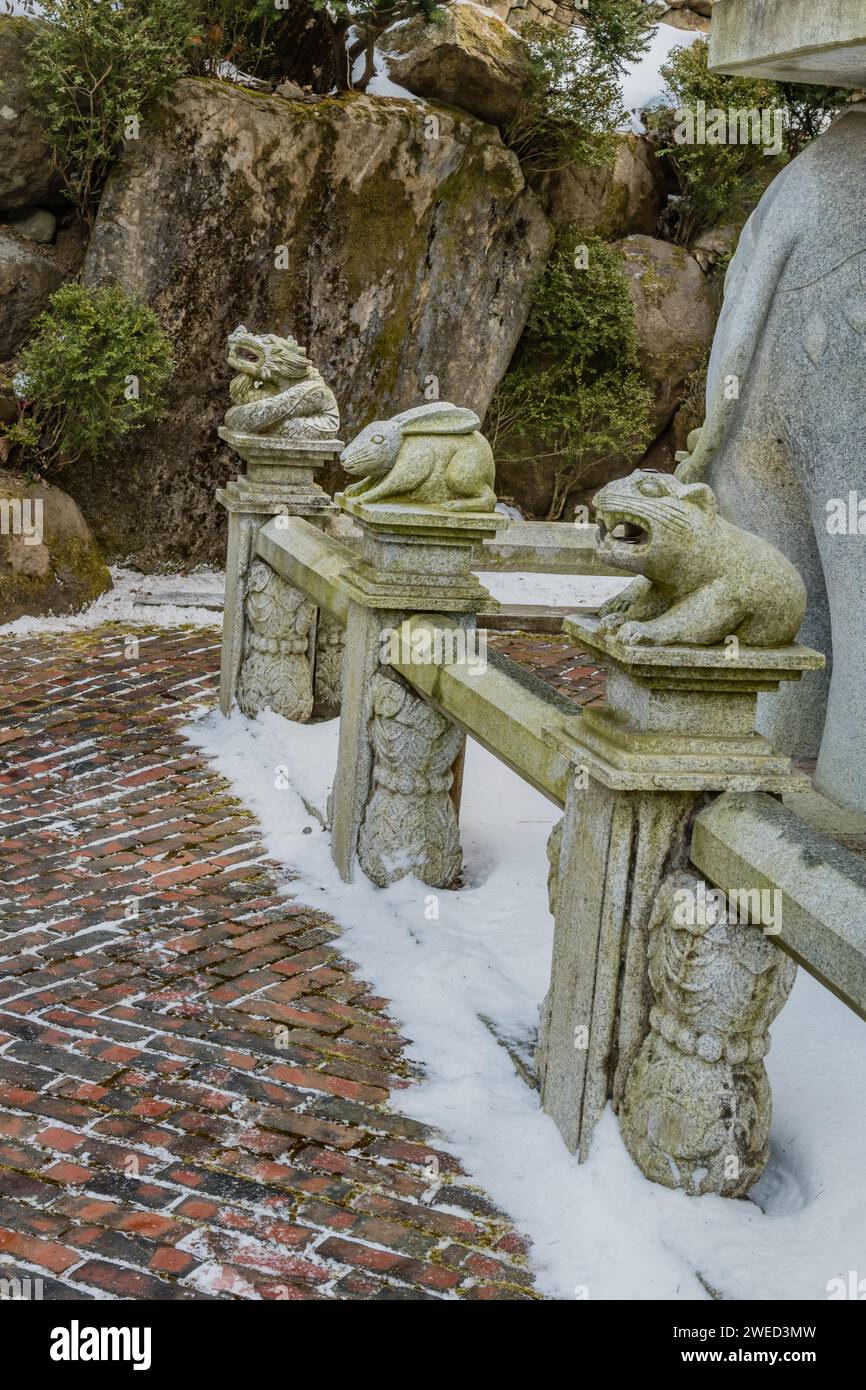 Stone carved dragon, rabbit and bear that represents the Chinese ...