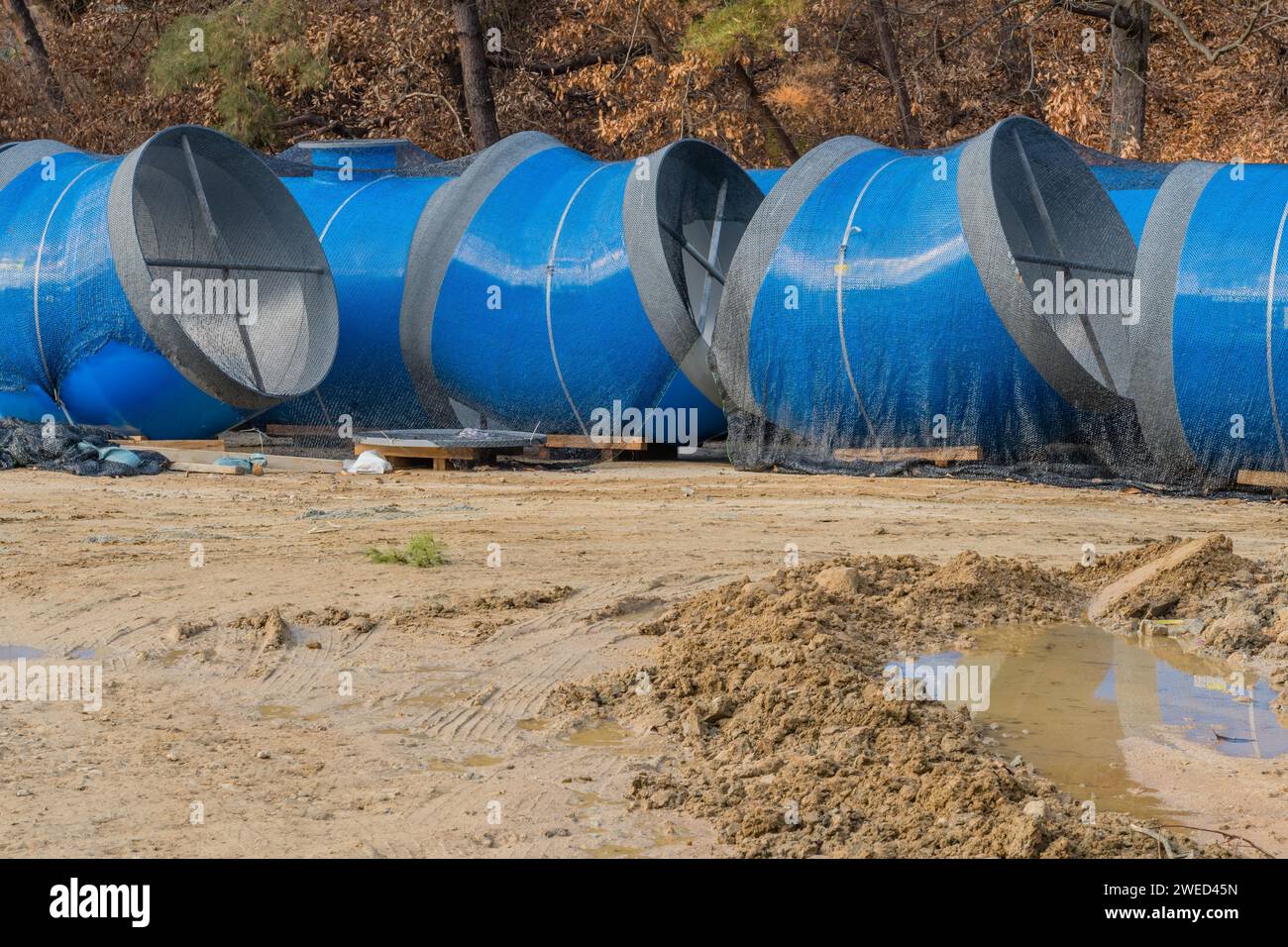 Large blue sections of steel industrial pipes sitting at construction ...