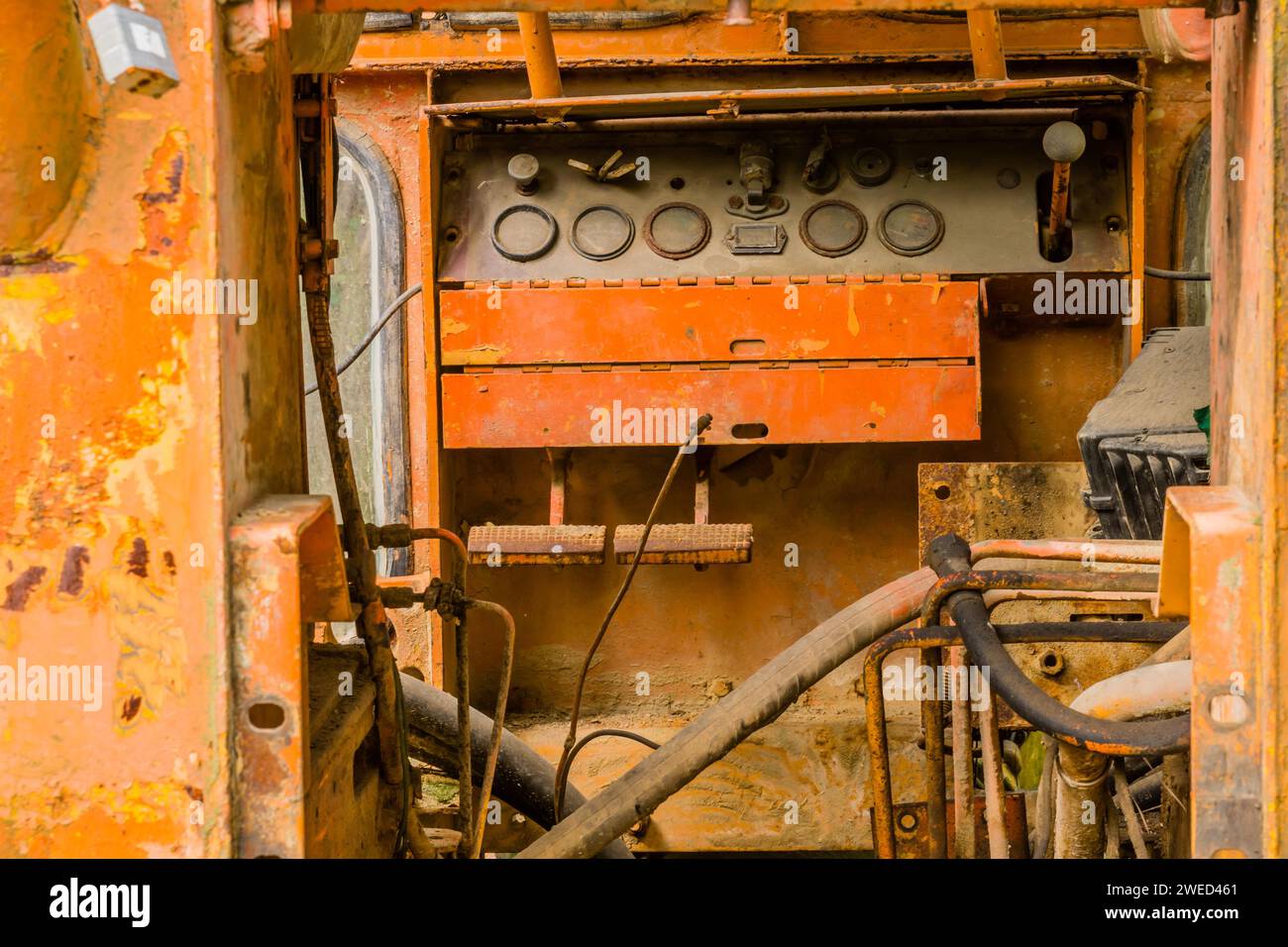 Instrument panel inside cab of old, rusted, broken down bulldozer Stock ...