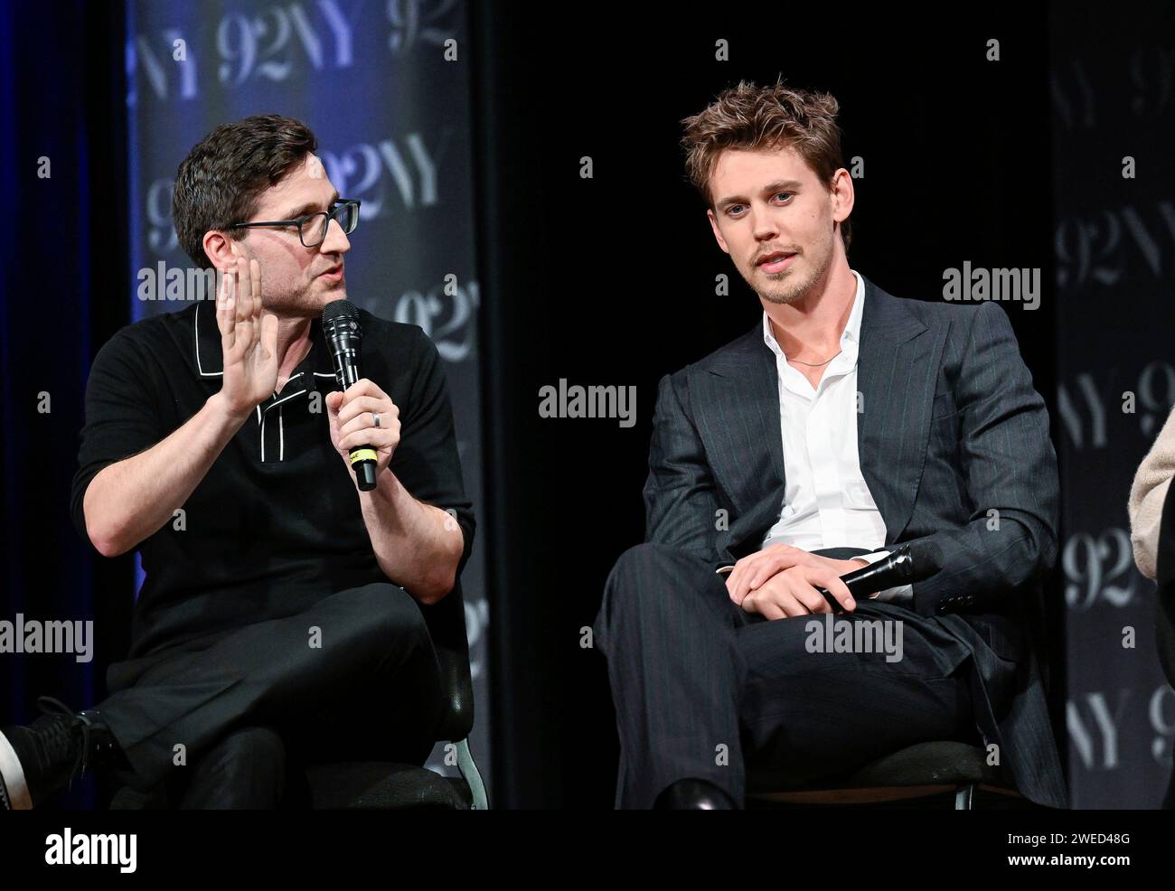 Moderator Josh Horowitz, left, and Austin Butler from the Apple TV+ ...