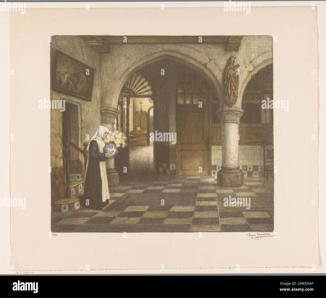 Non in a monastery hall with a flower vase, René Janssens, 1880 - 1936 ...