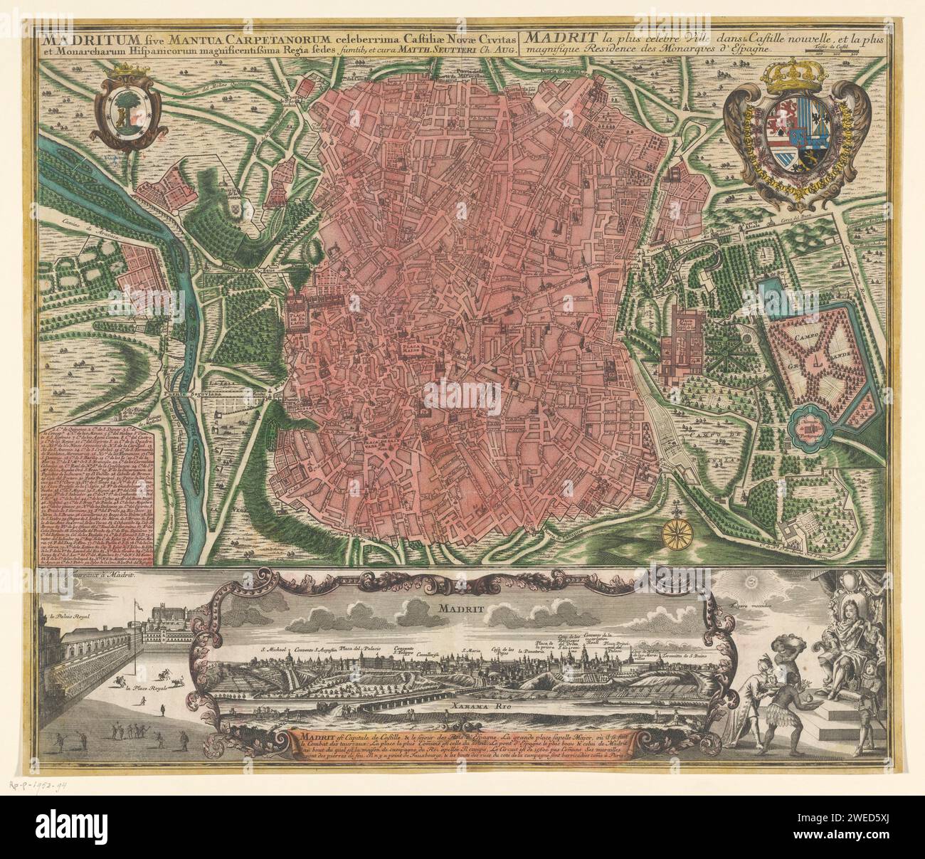Map of and face on Madrid, Anonymous, 1707 - 1757 print Above a map of ...
