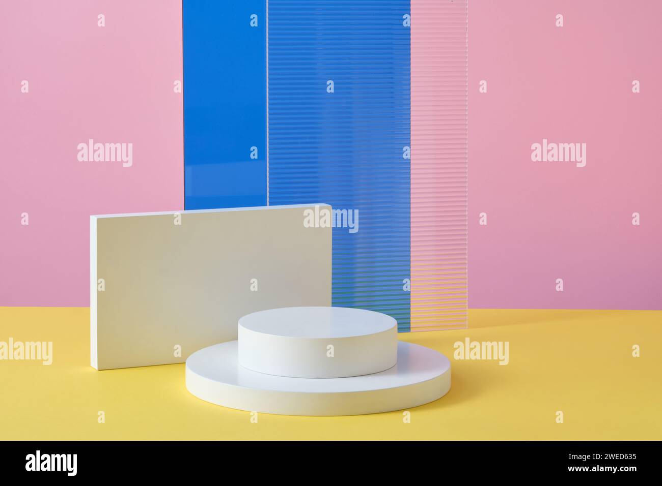 Modern composition of two round podiums and rectangle podium. Blank ...