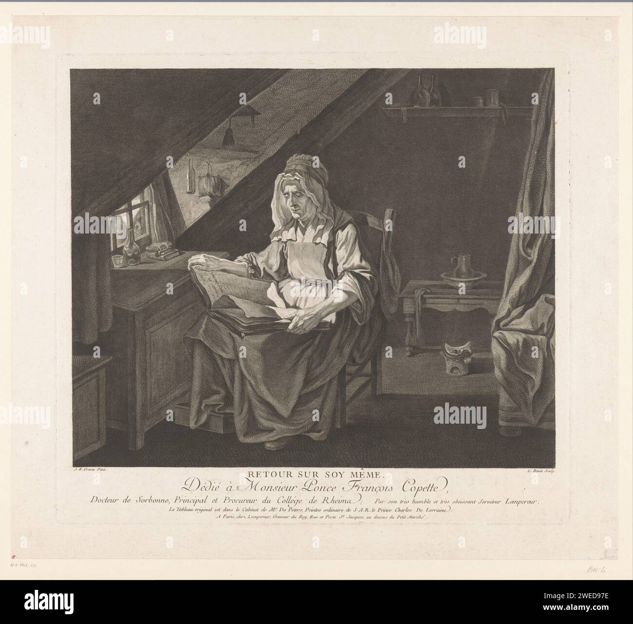 Reading old woman in an attic room, Louis Binet, After Jean -Baptiste ...