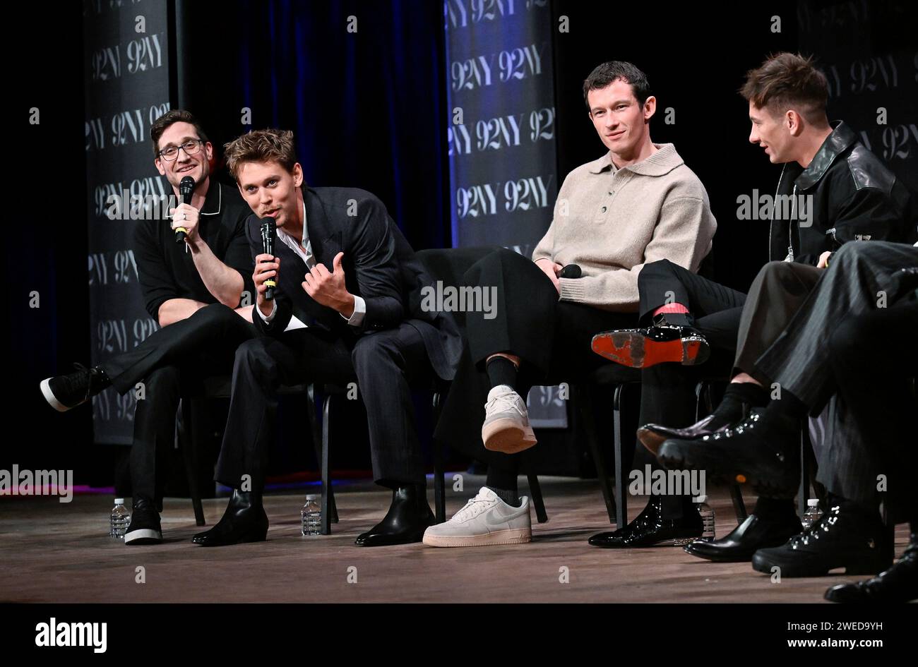 Moderator Josh Horowitz, left, listens as Austin Butler, Callum Turner ...