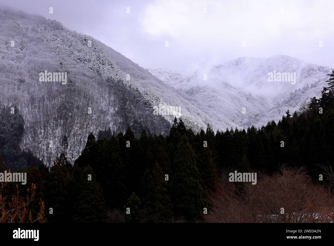 Mountains near village of Shirakawa-go located in Gifu Prefecture ...