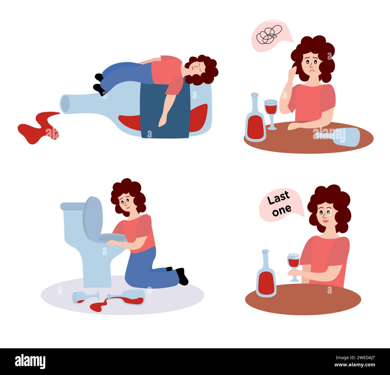 Alcohol abuse and addiction concept. Set of drunk woman with bottles of ...