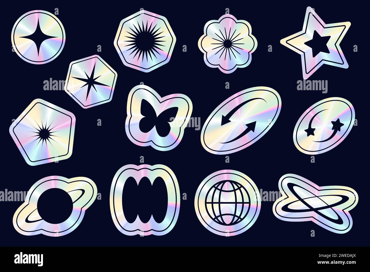 Y2k holographic stickers set. Retro gradient foil shapes and labels. Futuristic rave neon ...