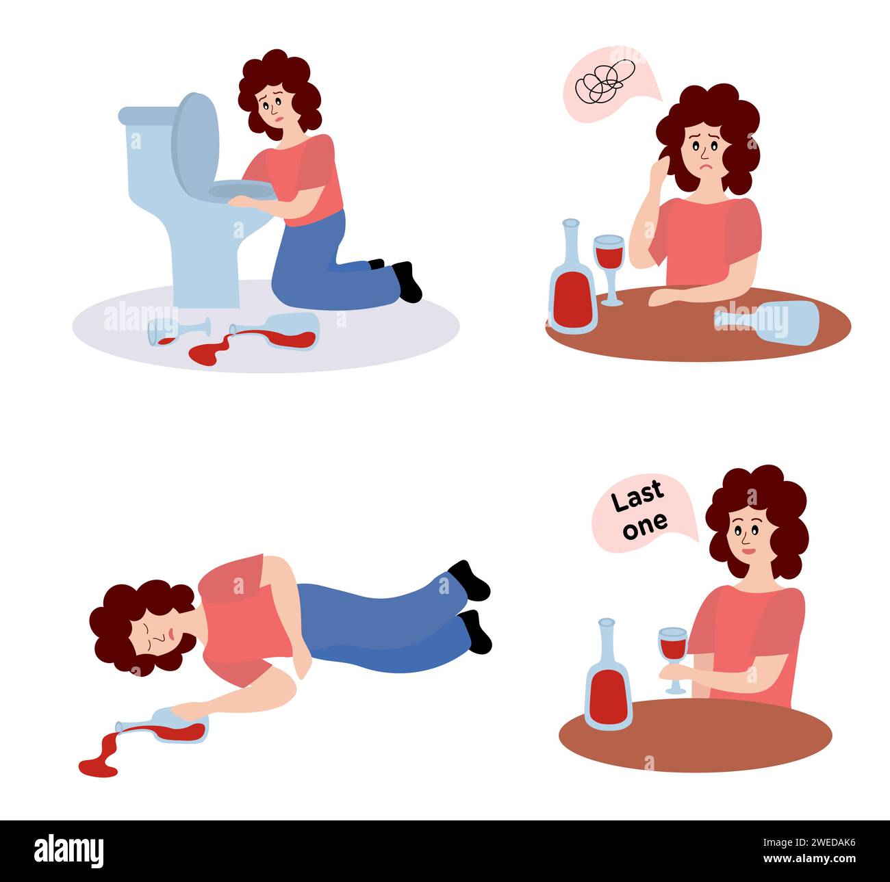 Alcohol abuse and addiction concept. Set of drunk woman with bottles of ...