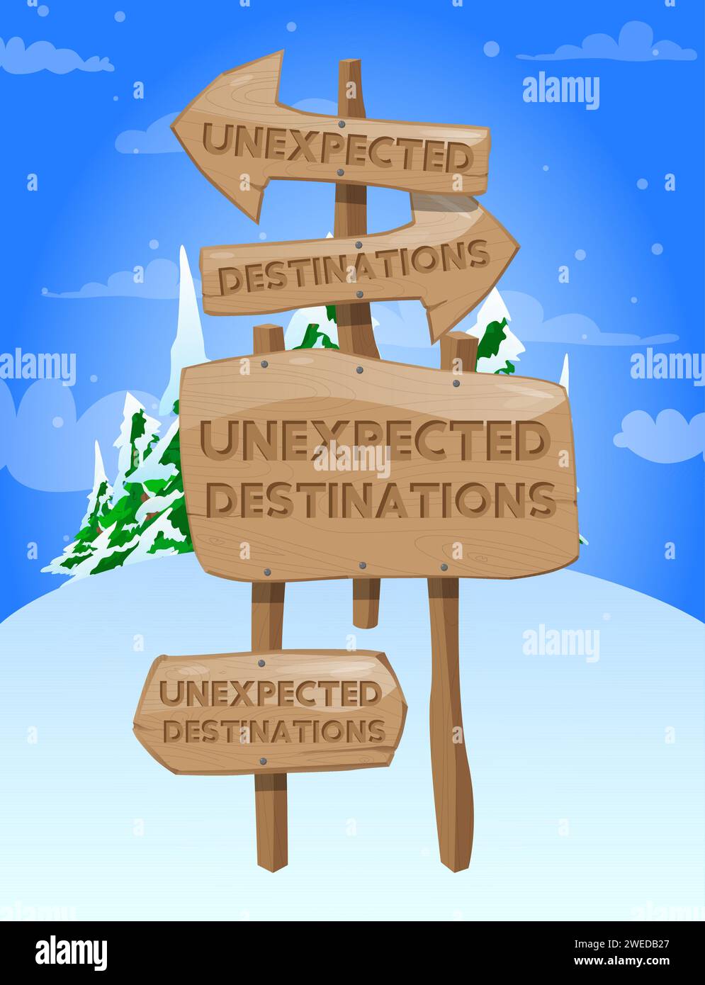 Unexpected Destinations text on Wooden sign. Cartoon vector ...