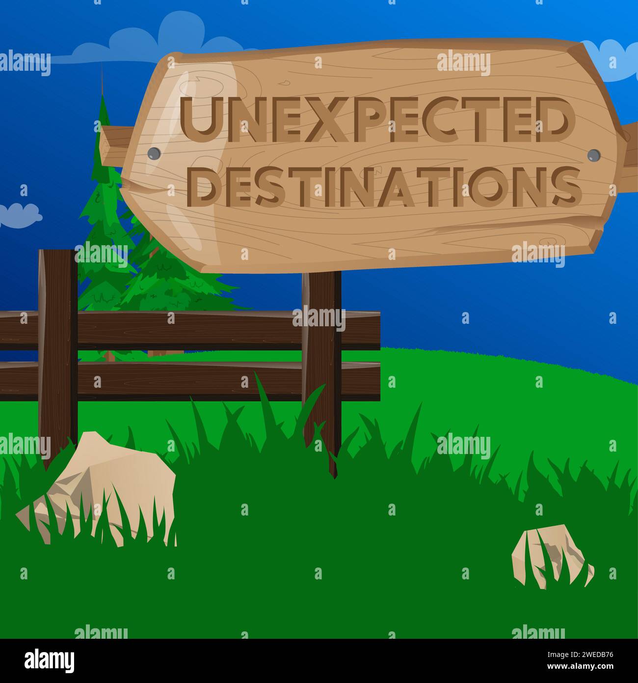 Unexpected Destinations text on Wooden sign. Cartoon vector ...