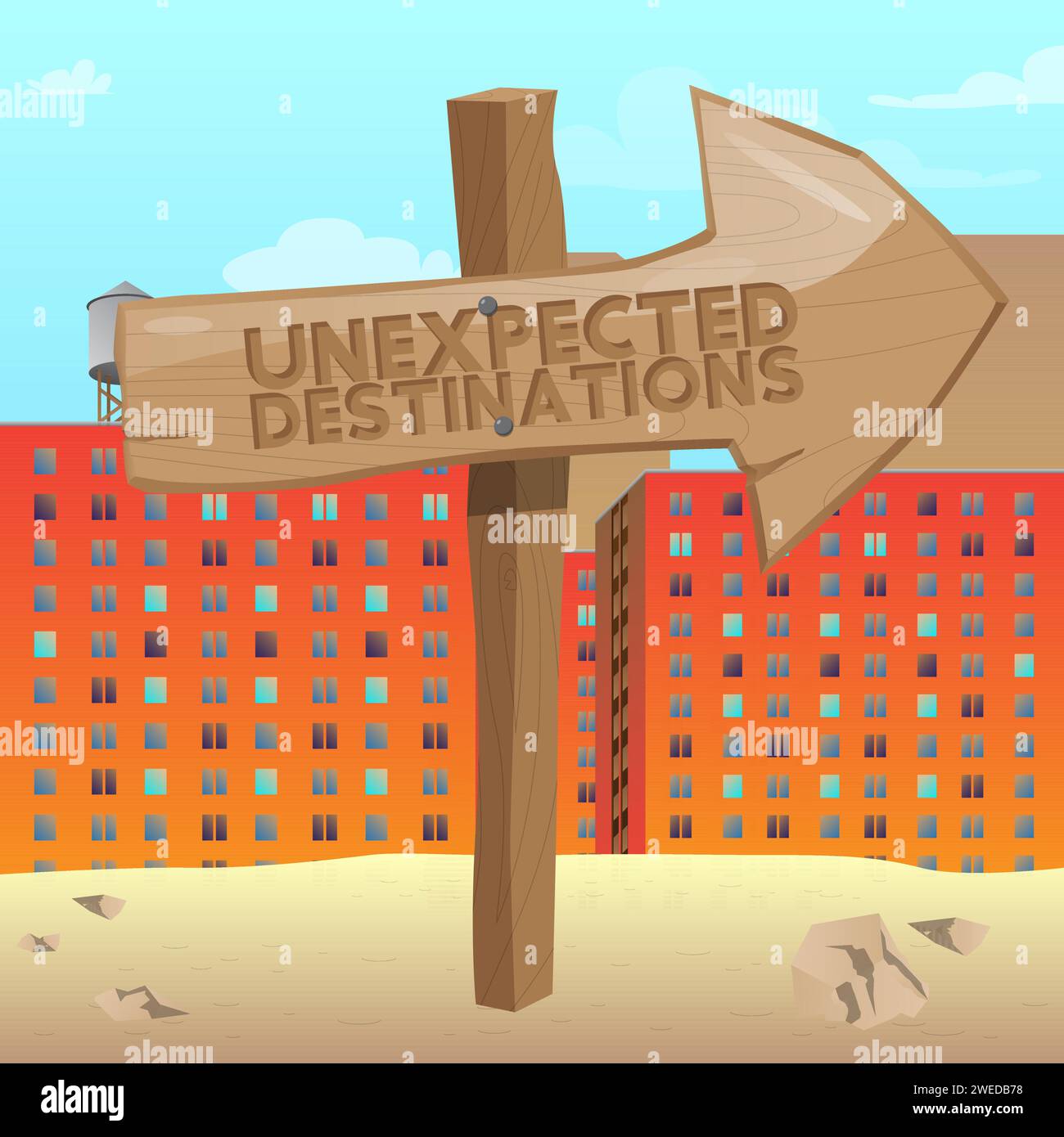 Unexpected Destinations text on Wooden sign. Cartoon vector ...