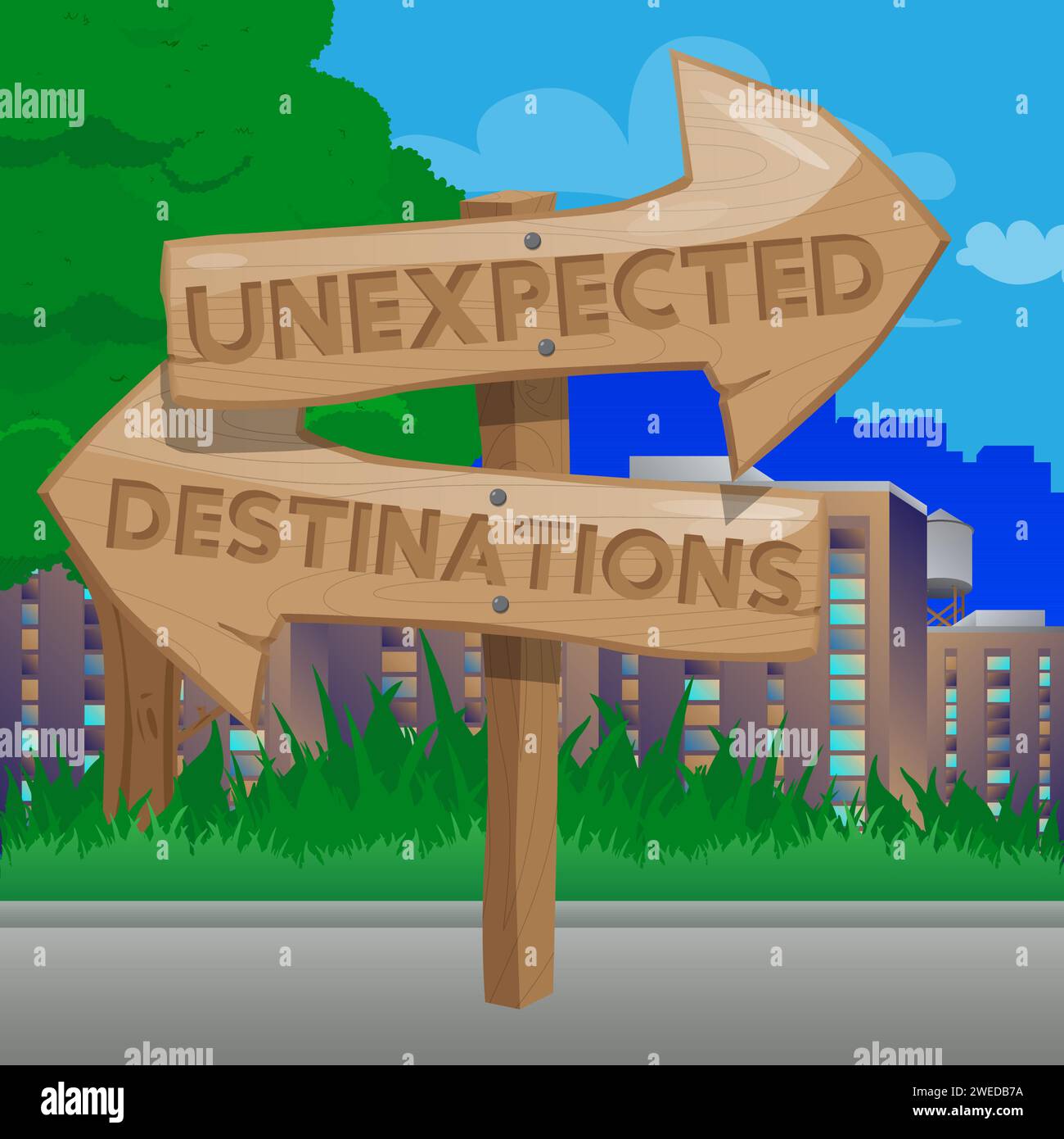 Unexpected Destinations text on Wooden sign. Cartoon vector ...