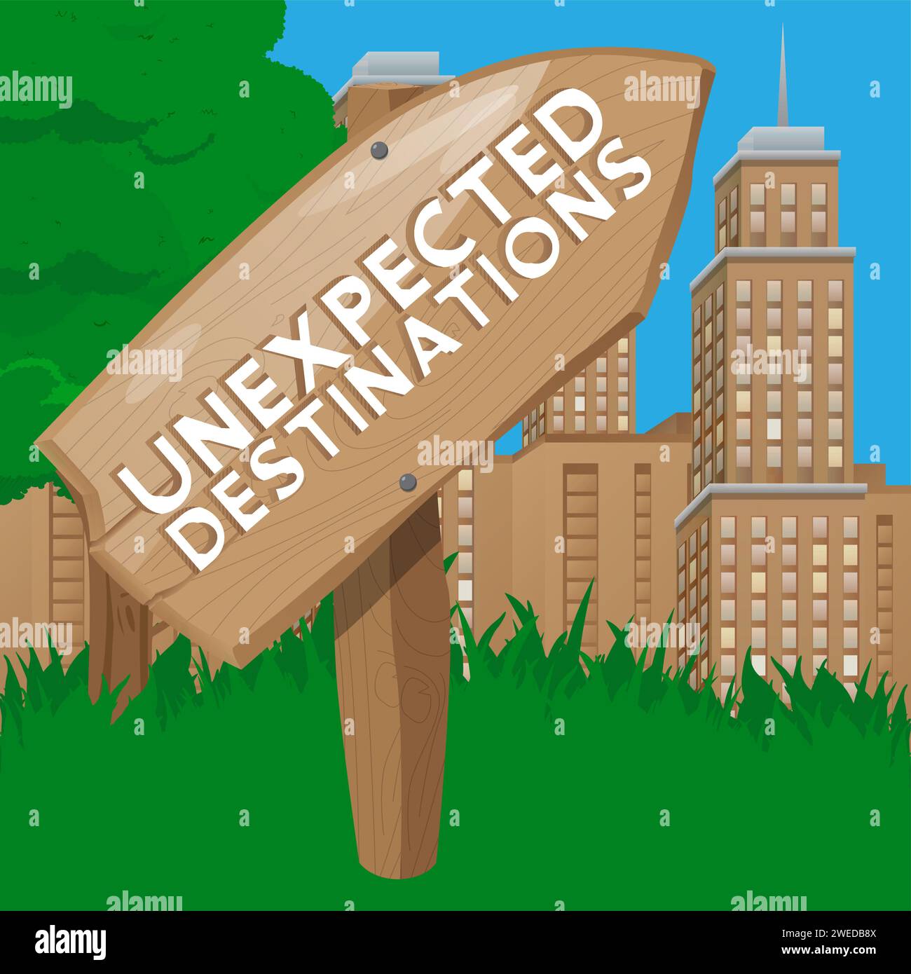 Unexpected Destinations text on Wooden sign. Cartoon vector ...