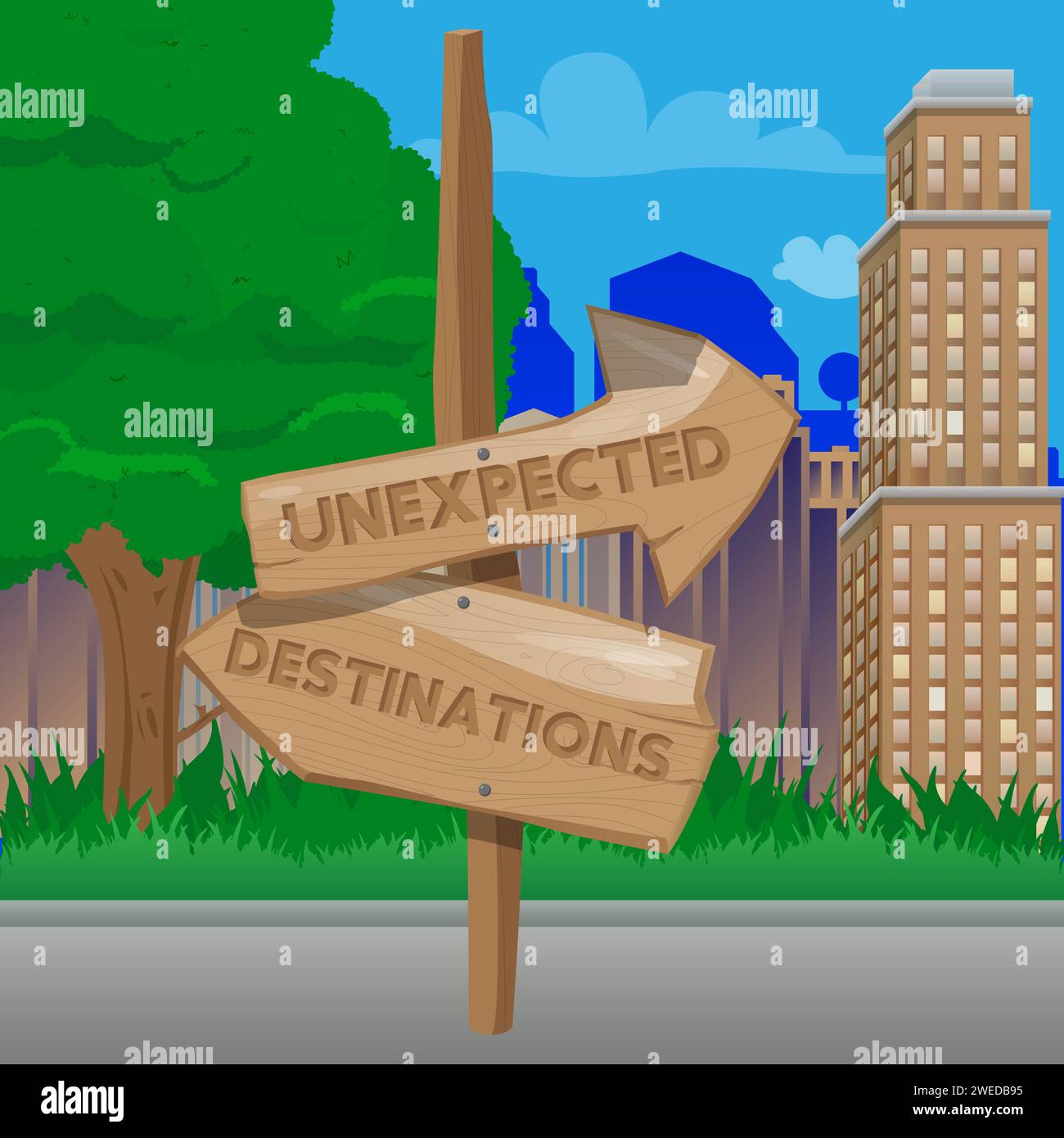 Unexpected Destinations text on Wooden sign. Cartoon vector ...