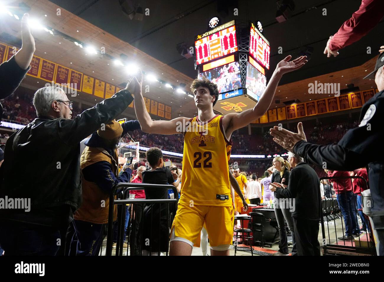 Iowa State forward Milan Momcilovic (22) celebrates with fans after an ...