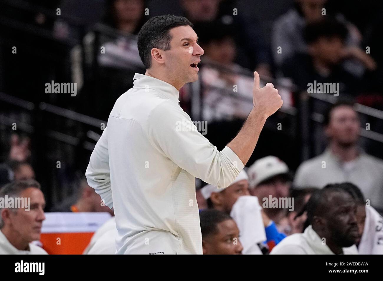 Oklahoma City Thunder coach Mark Daigneault signals to players during ...