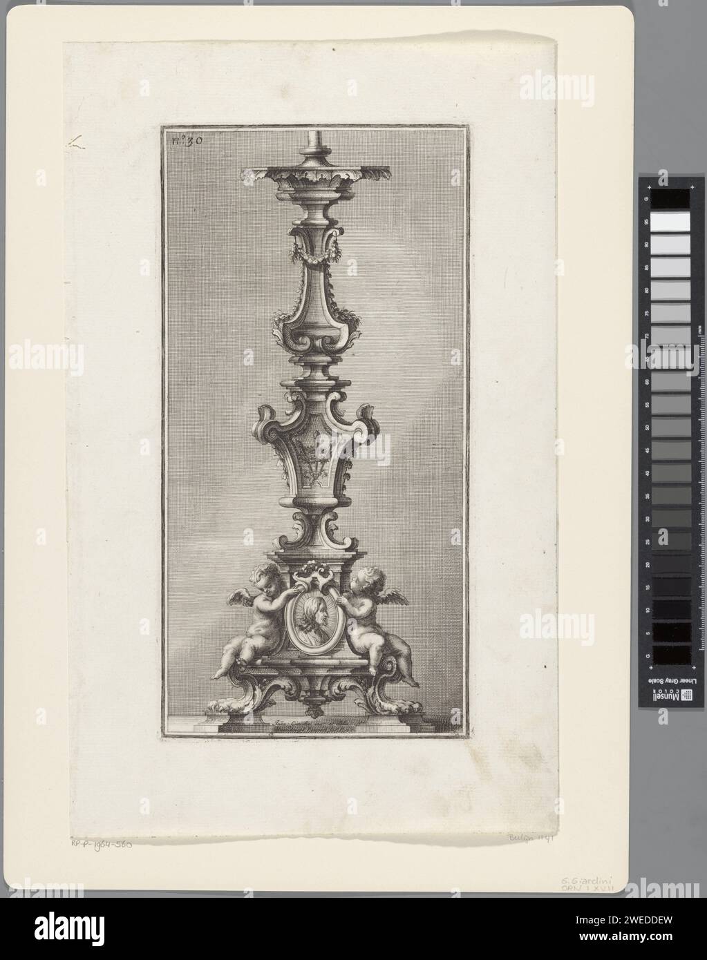 Candlestick with thorns, portrait of Christ and two putti, 1714 print ...