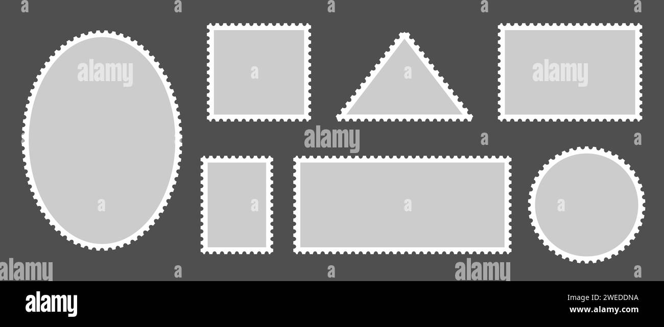 Grey postage stamp set. Post stamp frames or borders. Gray round ...