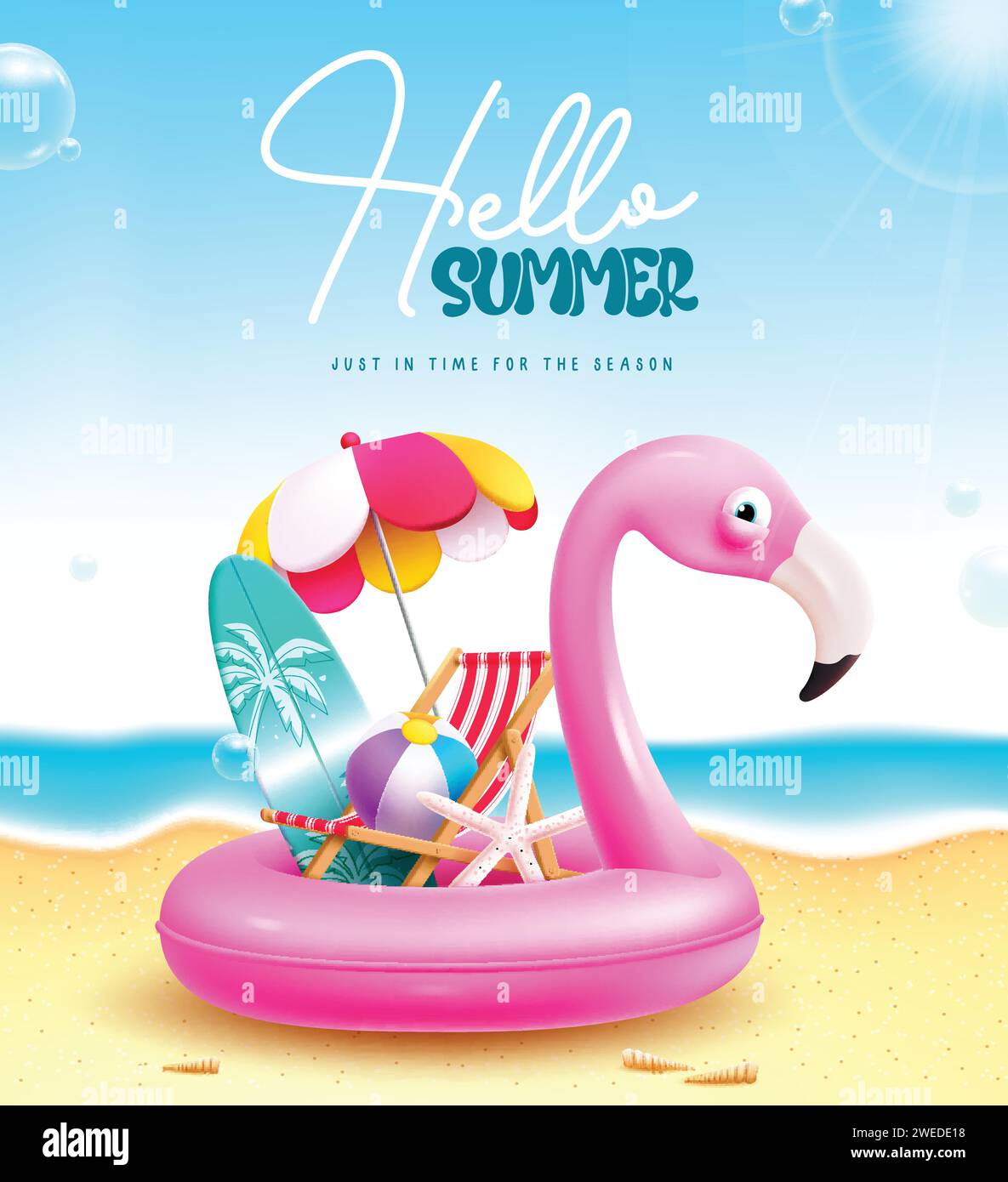 Hello summer text vector design. Summer hello greeting with pink flamingo floaters, surfboard ...