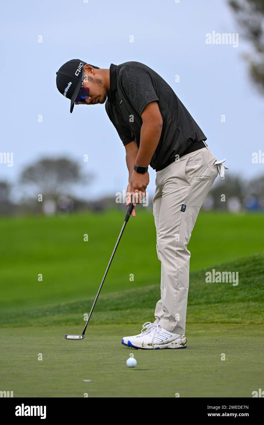 LA JOLLA, CA - JANUARY 24: Ryo Hisatsune (JPN) sinks his birdie putt on ...