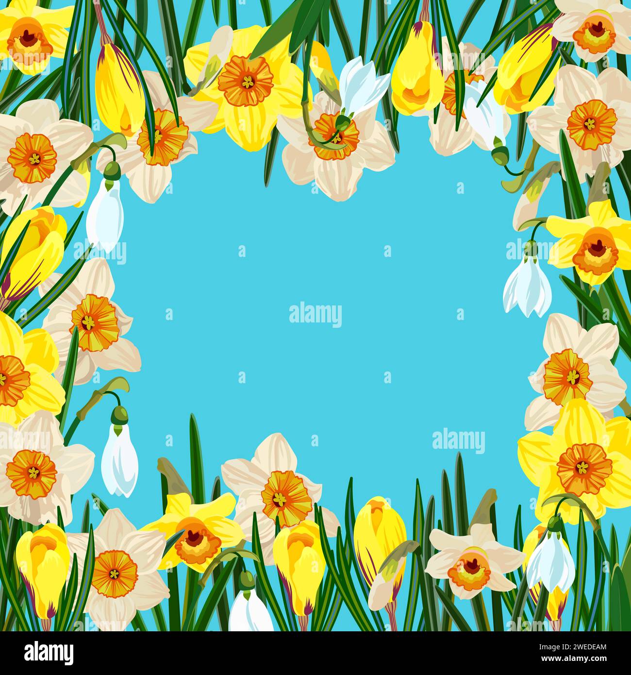 Square floral frame frame with daffodils, snowdrops, crocuses Stock ...