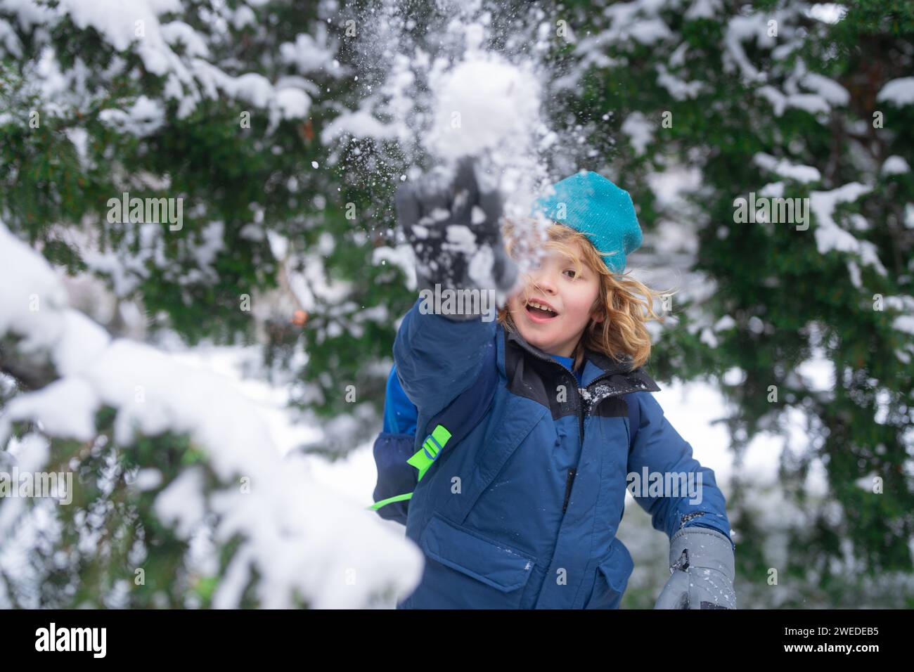 Kid snowball fight. Kid playing with snow ball in winter. Family ...